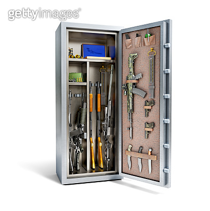 Opened steel safe full of weapons, gun locker, isolated on a white ...