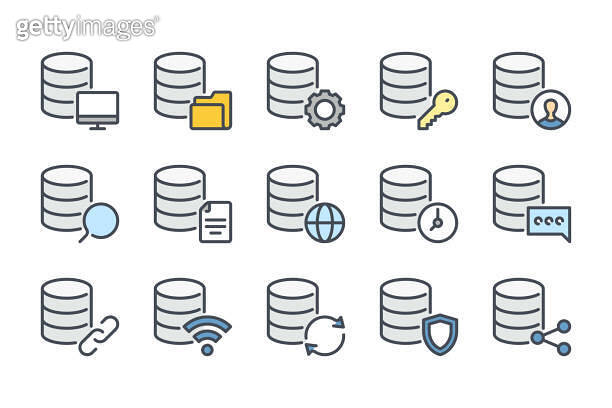 Database and cloud server color line icon set. Network and hosting ...