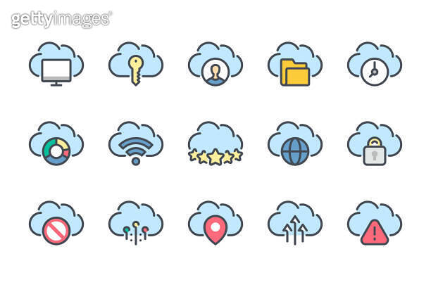 Cloud technology and server data service color line icon set. Cloud computing system and Network ...