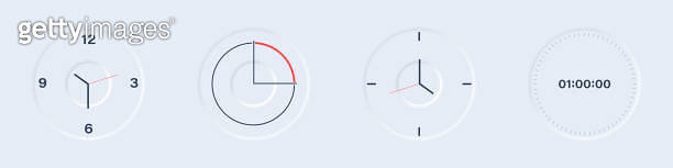 Neumorphism clock or timer set. Vector illustration. Stopwatch or countdown in neumorphic style ...