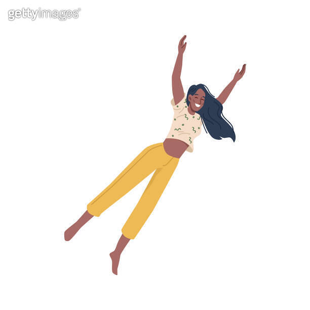 Happy afro american woman fly in air isolated flat cartoon character ...