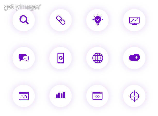 seo purple color vector icons on light round buttons with purple shadow ...