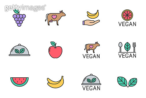 Vegan color filled vector icons. Vegan color outline icon set isolated ...