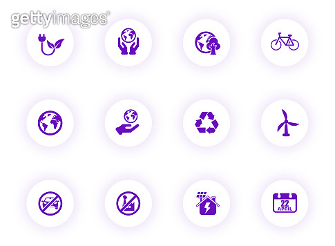 earth day purple color vector icons on light round buttons with purple ...
