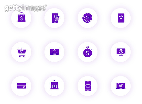 e shopping purple color vector icons on light round buttons with purple ...