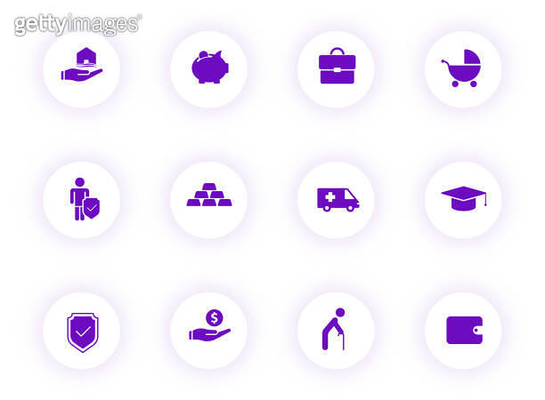 insurance purple color vector icons on light round buttons with purple ...