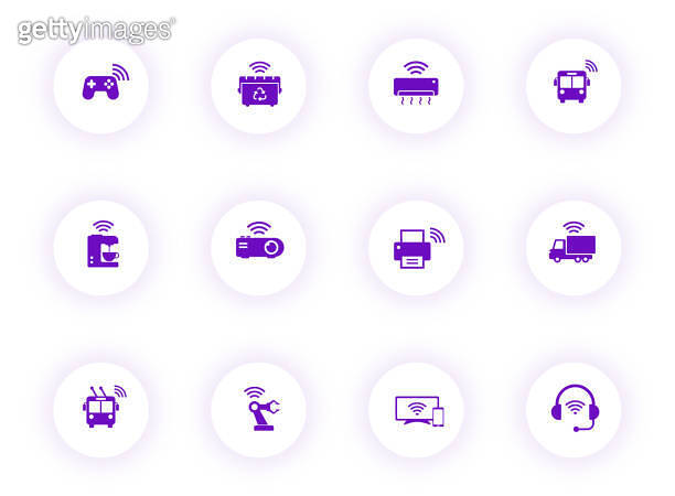 iot purple color vector icons on light round buttons with purple shadow ...