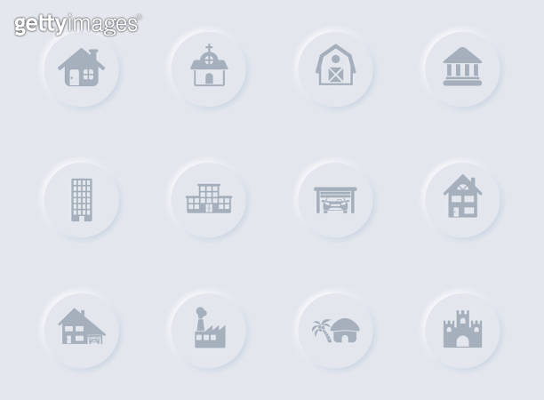 buildings gray vector icons on round rubber buttons. buildings icon set ...