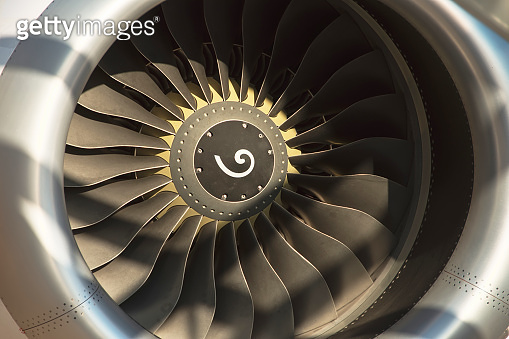 Close up of turbo jet of civil aircraft turbine engine fan. (1337281592 ...