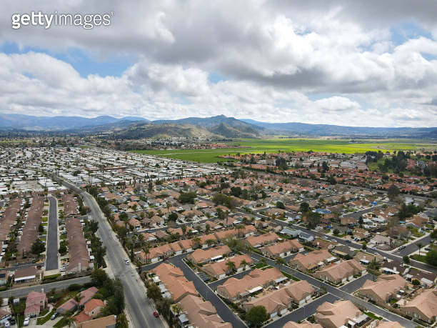 Aerial view of small town Hemet in the San Jacinto Valley in Riverside ...