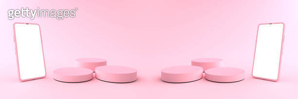 3D rendering of Pink smartphone white screen side round pink pedestal ...