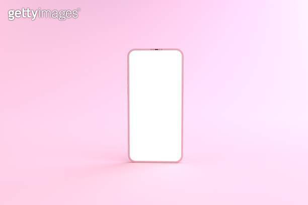 3D rendering of mockups pink Smartphone white screen on pink floor ...