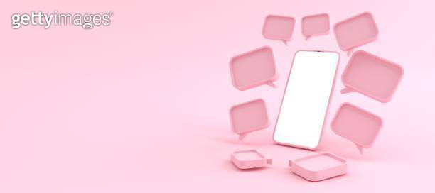 3D rendering. Pink Smartphone white screen Surrounded by a Many pink ...