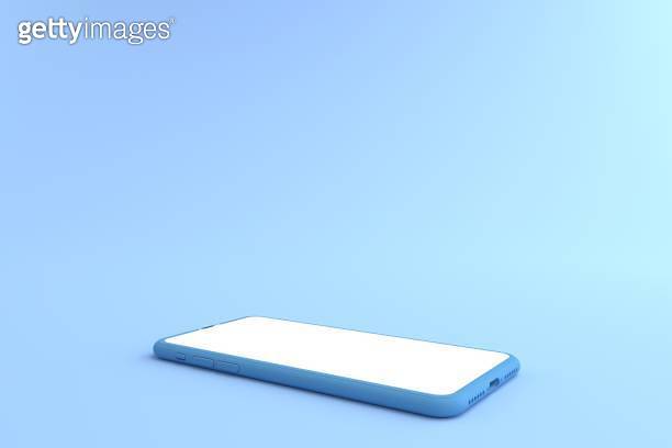 3D rendering of mockups blue Smartphone white screen on blue floor ...