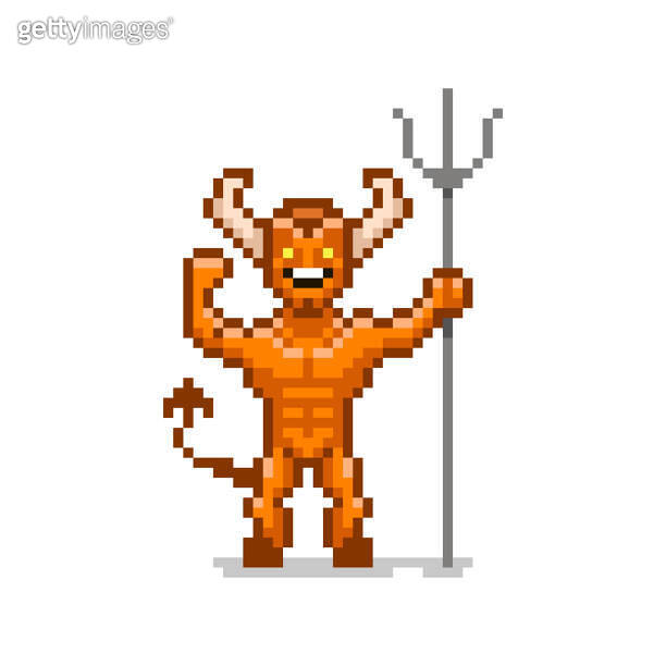 simple flat pixel art illustration of cartoon smiling red devil with a ...