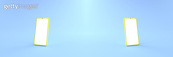 3D rendering. The yellow smartphone white screen on blue floor, Mobile ...