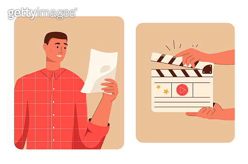 Movie making scene set. Actor reads script. Hands holding director ...