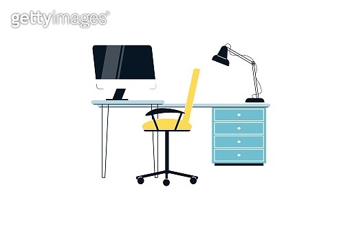 Flat cartoon computer monitor on work desk,electronic equipment ...