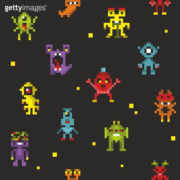 Endless backkground of pixel robots and monsters. (1344126880) - 게티이미지뱅크