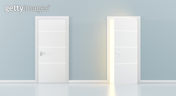 White wooden closed and open with light inside doors, front view ...