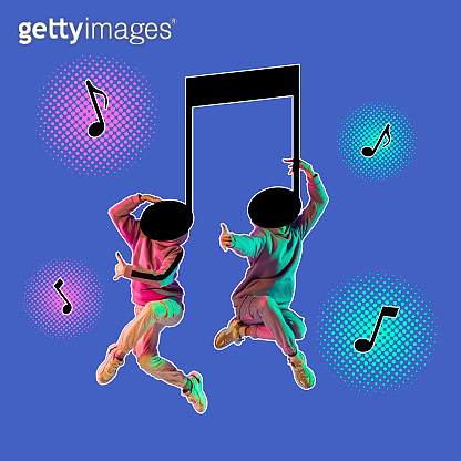 Creative design of two people in motion, dancing isolated over purple ...