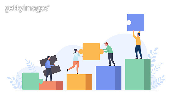 People connect puzzle pieces to help colleagues climb the stairs ...