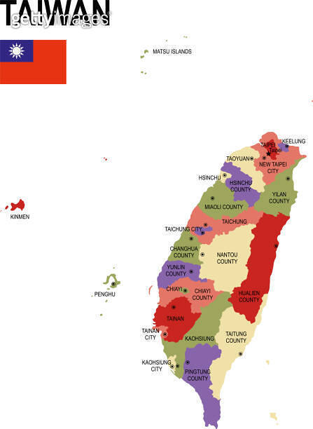 Taiwan colorful flat map with flag 이미지 (1325420855) - 게티이미지뱅크