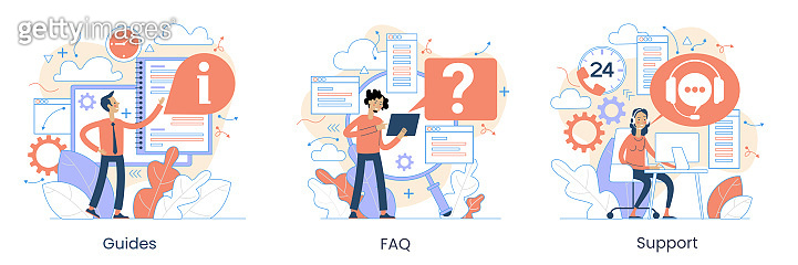 Website menu help concept. Online guides. Support landing page sections ...