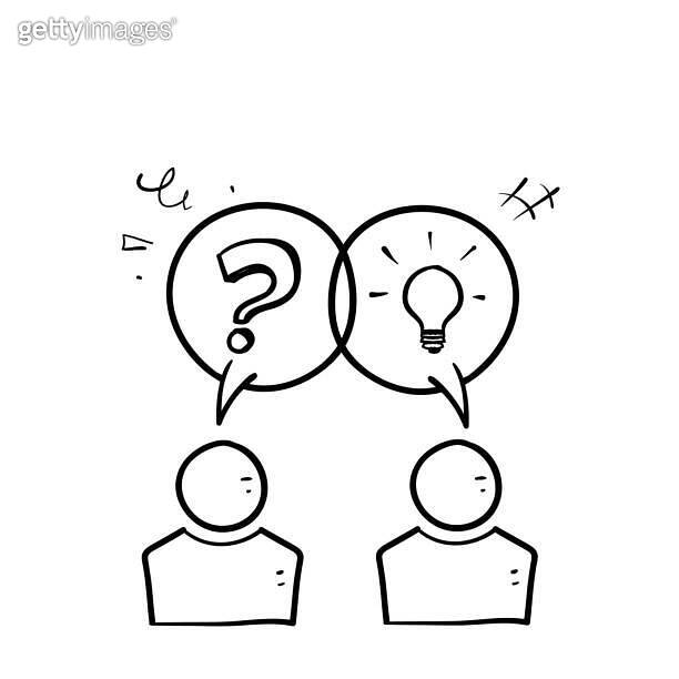 hand drawn doodle people with question mark and light bulb symbol for ...