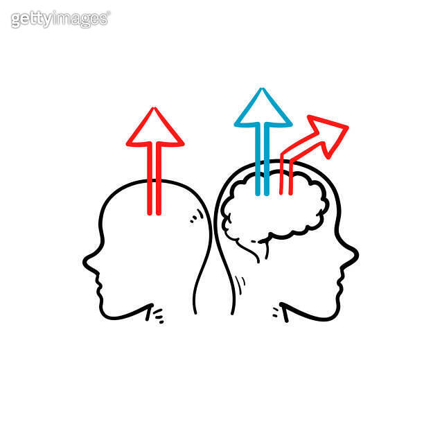 hand drawn Human head and arrow up symbol for next level improvement ...