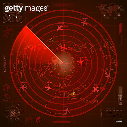 Abstract military red radar display with with planes traces and targets ...