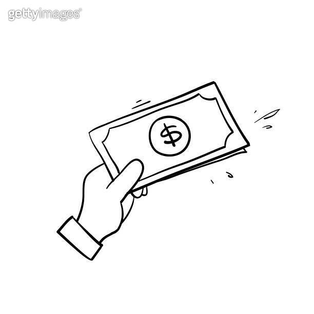 hand drawn doodle hand bring and offering money illustration icon ...