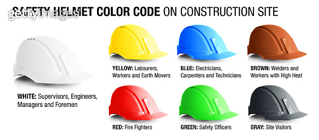 Safety helmet color code on construction site. Hard hats with labels in ...