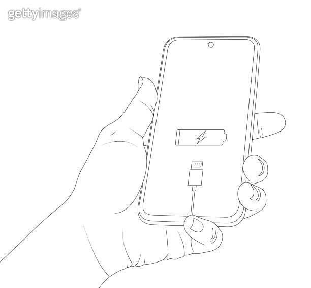 Empty battery, humand hand, holding smartphone, device screen, low ...