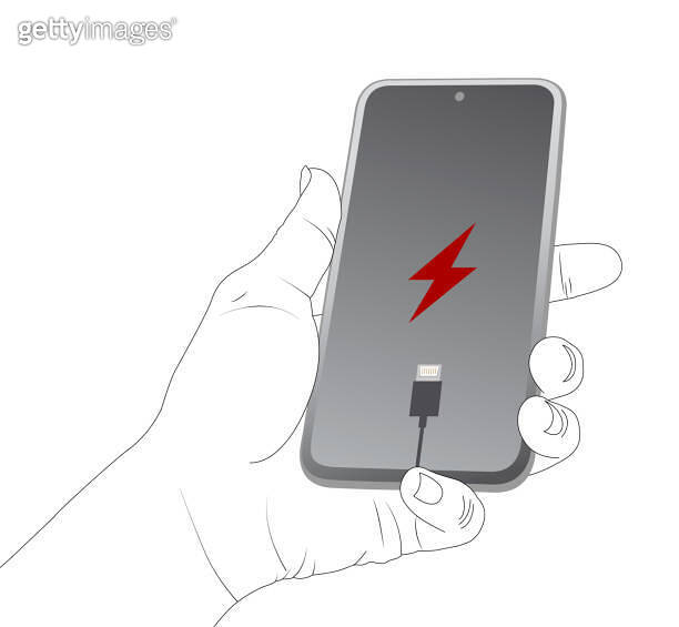 Empty battery, humand hand, holding smartphone, device screen, low ...