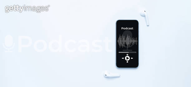 Podcast music. Mobile smartphone screen with podcast application, sound ...