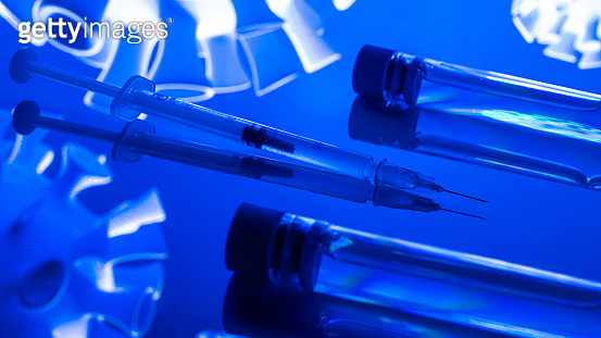 Virus cell. Medical syringe with needle for protection flu virus and ...