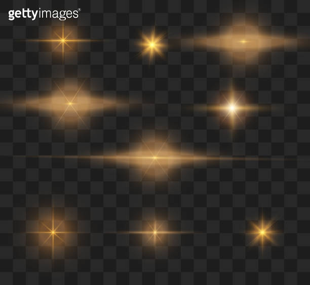 Realistic collection of bright light effects, sparkling stars on transparent background for ...