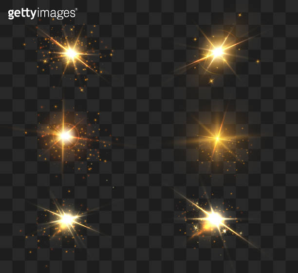 Realistic collection of bright light effects, sparkling stars on transparent background for ...