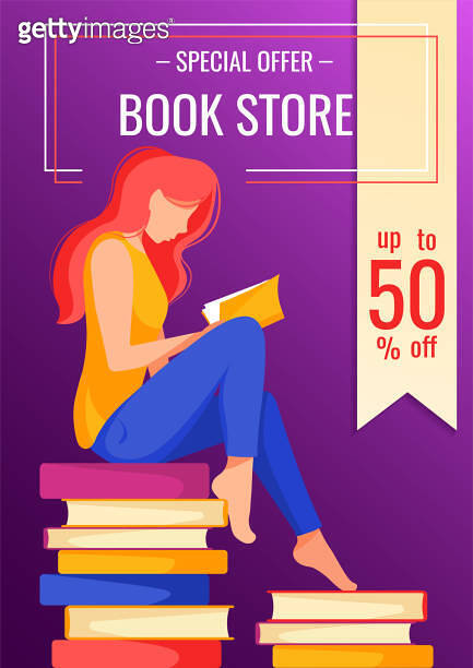 Flyer design for book store sale. Woman seating on the books and ...