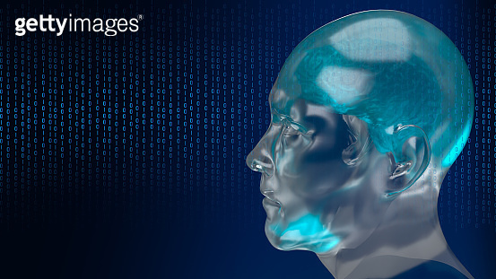 The robotic human head with graphic element face represent artificial intelligence and machine ...