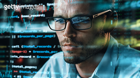 Close-up Portrait of Software Engineer Working on Computer, Line of ...