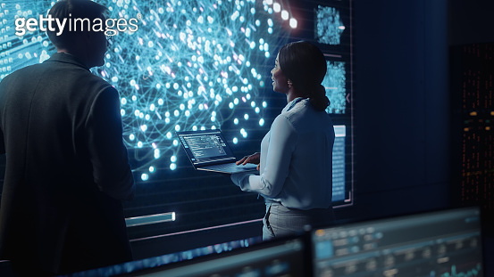 Project Manager and Computer Science Engineer Talking while Using Big Screen Display Showing ...