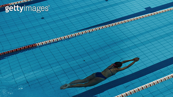 Beautiful Female Swimmer Diving in Swimming Pool. Professional Athlete ...