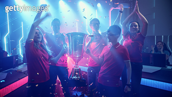Diverse Esport Team Winner of the Video Games Tournament Celebrates ...