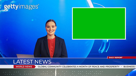 Live News Studio with Beautiful Female Anchor Reporting on a Story ...