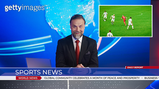 Live News Studio with Male Anchor Reporting Sports News on Soccer Game ...