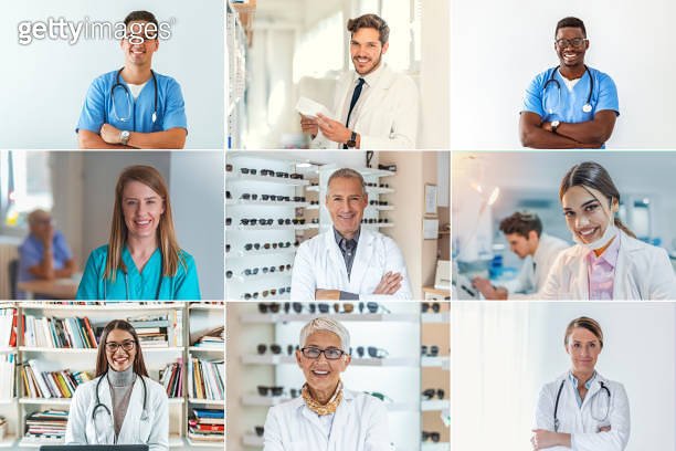 Medical staff around the world - ethnically diverse headshot portraits ...