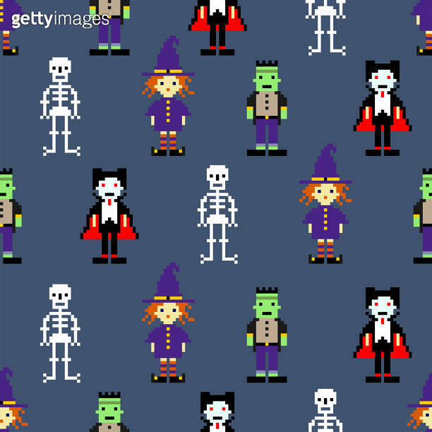 Halloween seamless pattern in style of eight-bit game. Pixel art Witch ...