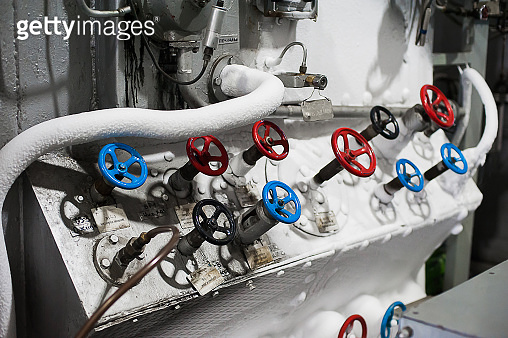 Air separation plant. Liquid gas factory. Control panel. Pipes and ...